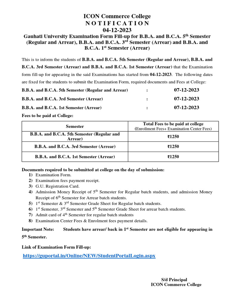Exam Form Fillup Notice B.B.A. & BCA 2023 5th Sem | PDF | Academic Term