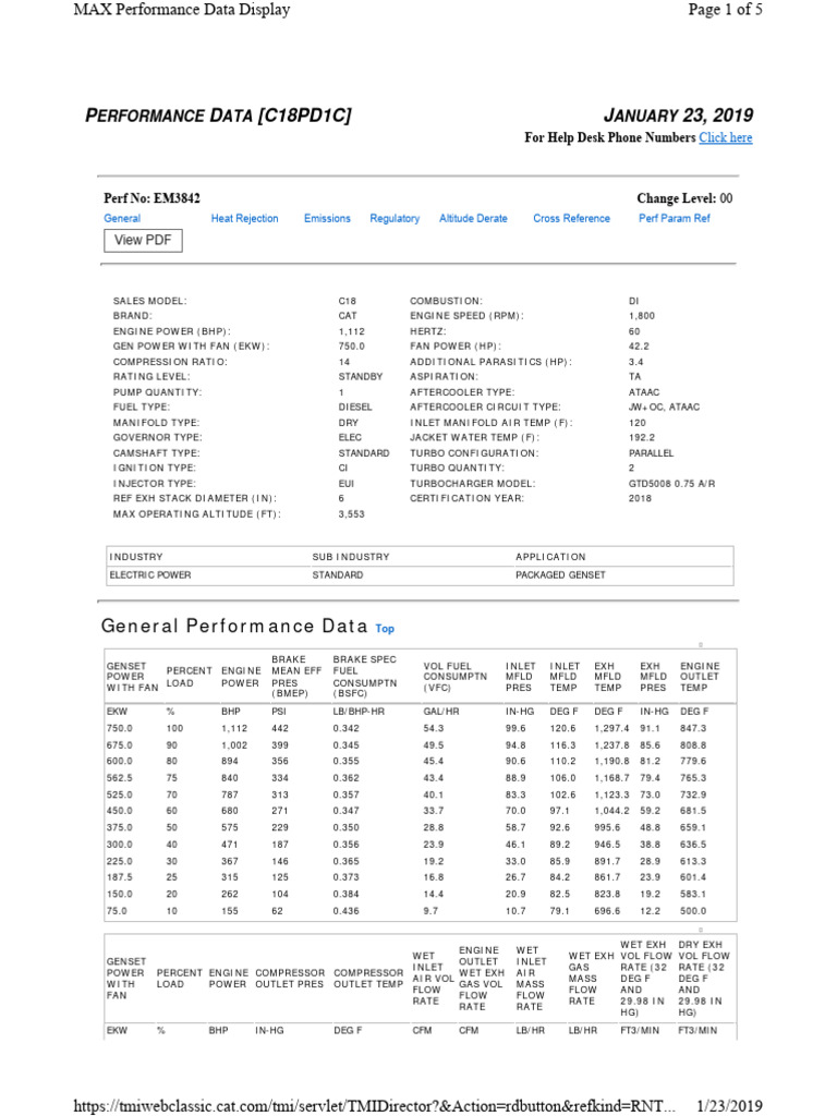 C18 750KW Perf Data C18PD1C | PDF | Engines | Diesel Engine