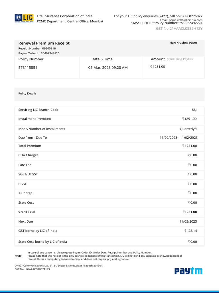 Renewal Premium Receipt: Policy Number 573115851 Date & Time 05 Mar ...