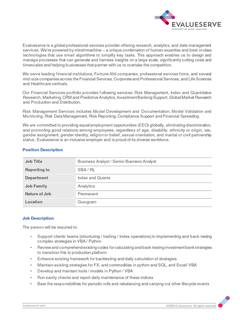 JD - Evalueserve - Index Quants | PDF | Analytics | Business