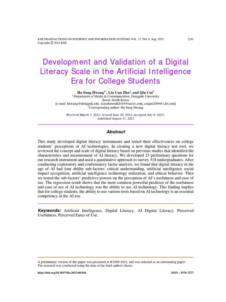 Development and Validation of A Digital Literacy Scale in The Artificial Intelligence Era For ...