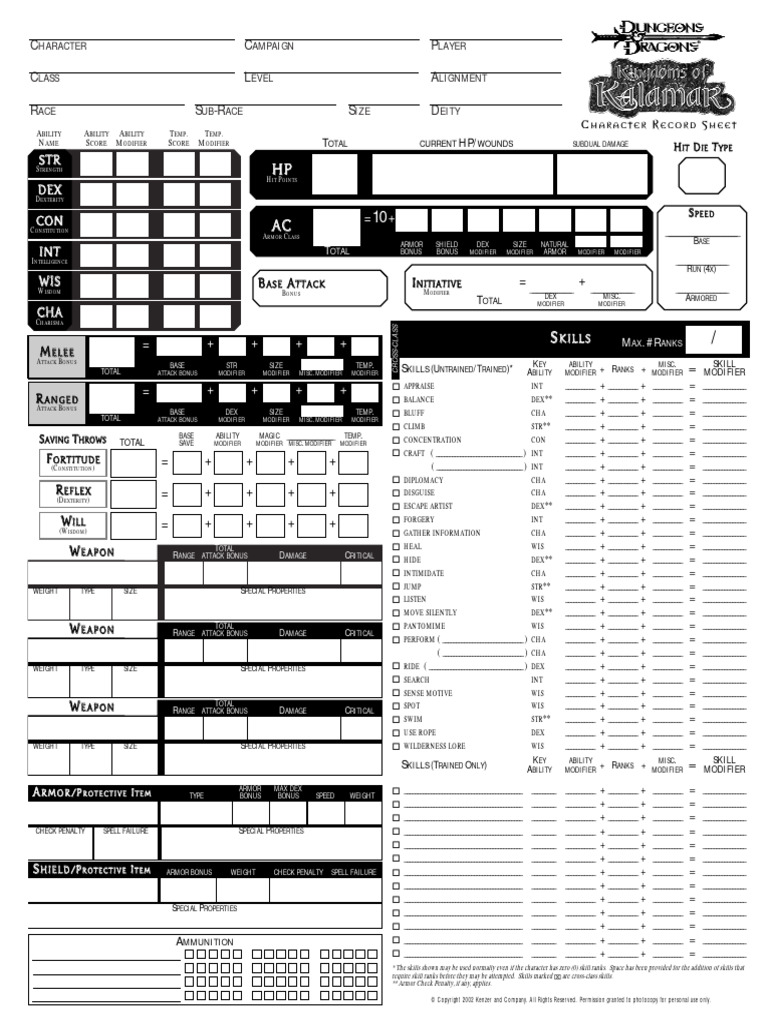 D&D 3E - K&C - Character Sheet | PDF | Role Playing Games | Fantasy ...