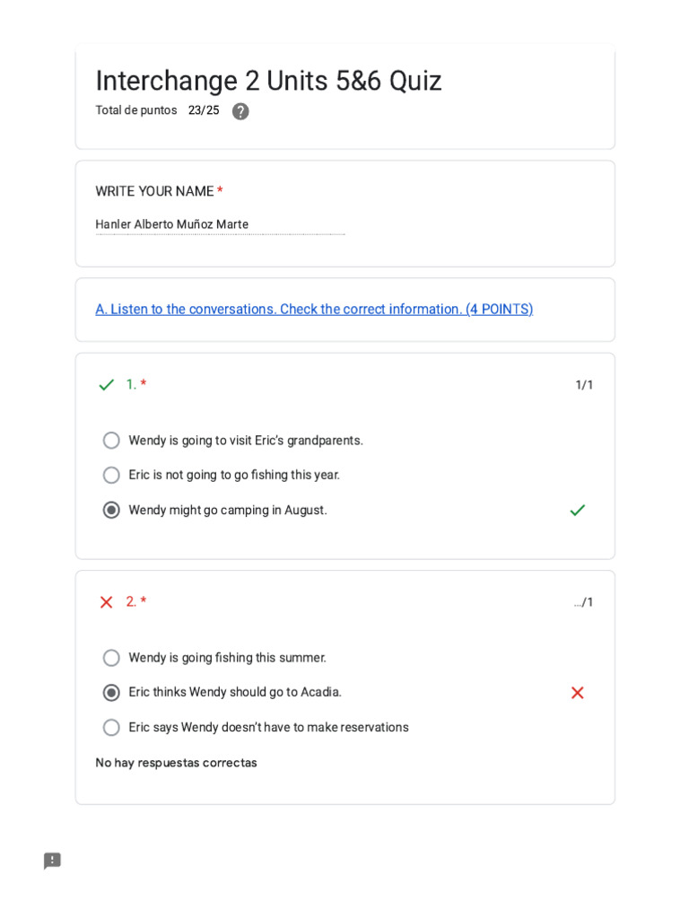 Interchange 2 Units 5&6 Quiz Answers | PDF