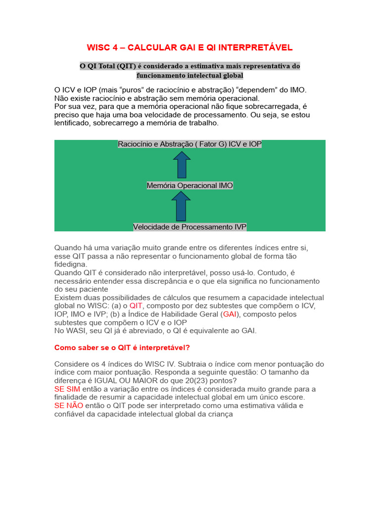 INTERPRETAR GAI WISC 4 | PDF | Quociente de inteligência | Memória