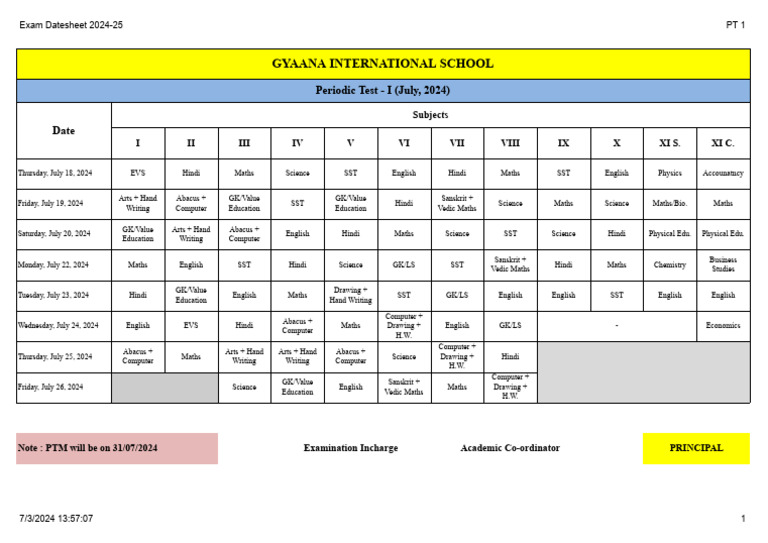 Periodic Test 1 - Exam Datesheet 2024-25 - Google Sheets | PDF