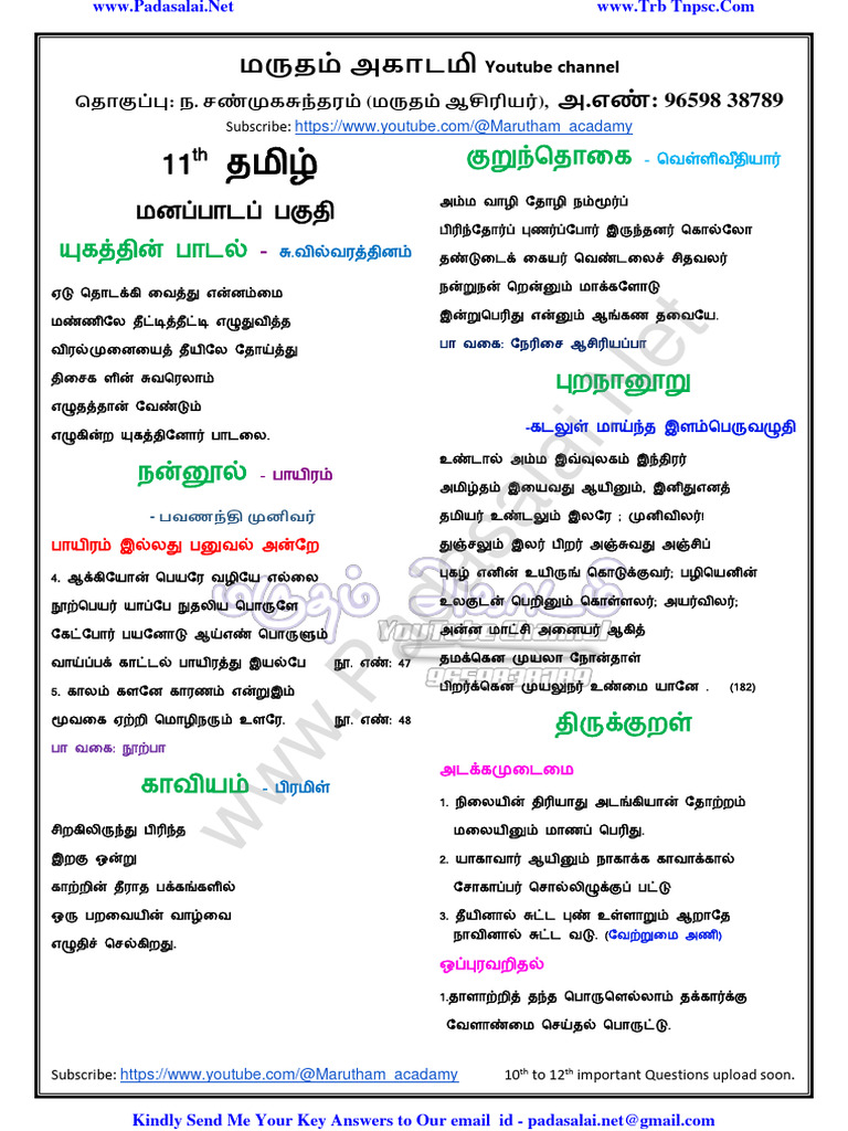 11th Tamil Manapadam Study Material PDF Download | PDF