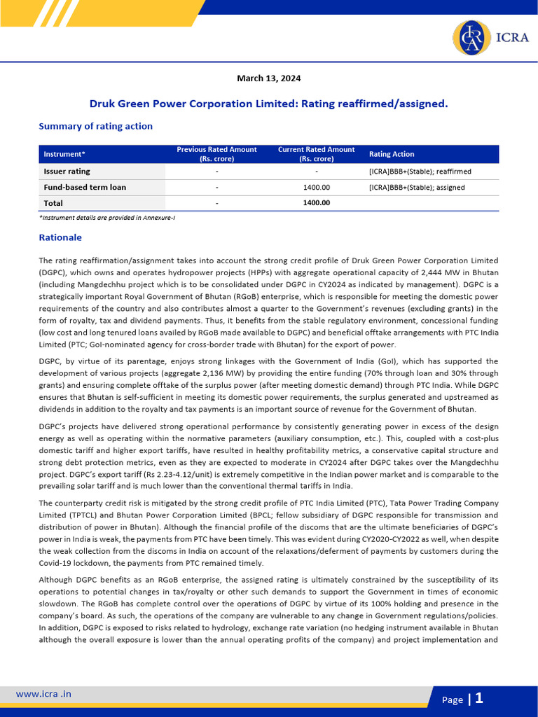 Druk Green Power Corporation Limited | PDF | Bond Credit Rating | Tariff