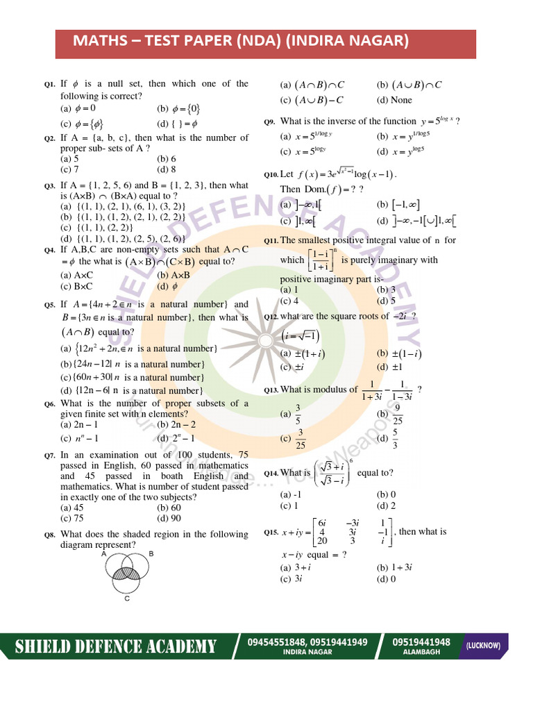 NDA Maths Test Paper - Indira Nagar | PDF | Triangle | Mathematical ...