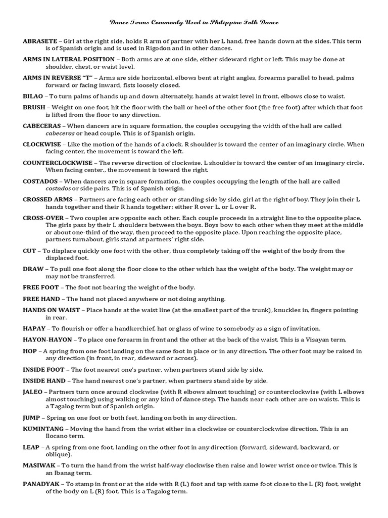 Dance Terms Commonly Used in Philippine Folk Dance | PDF | Foot | Hand