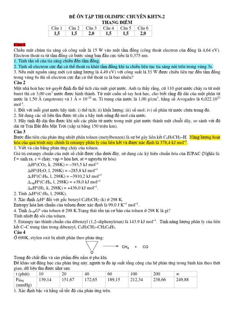 Đề Ôn Tập Thi Olimpic Chuyên KHTN-2 | PDF