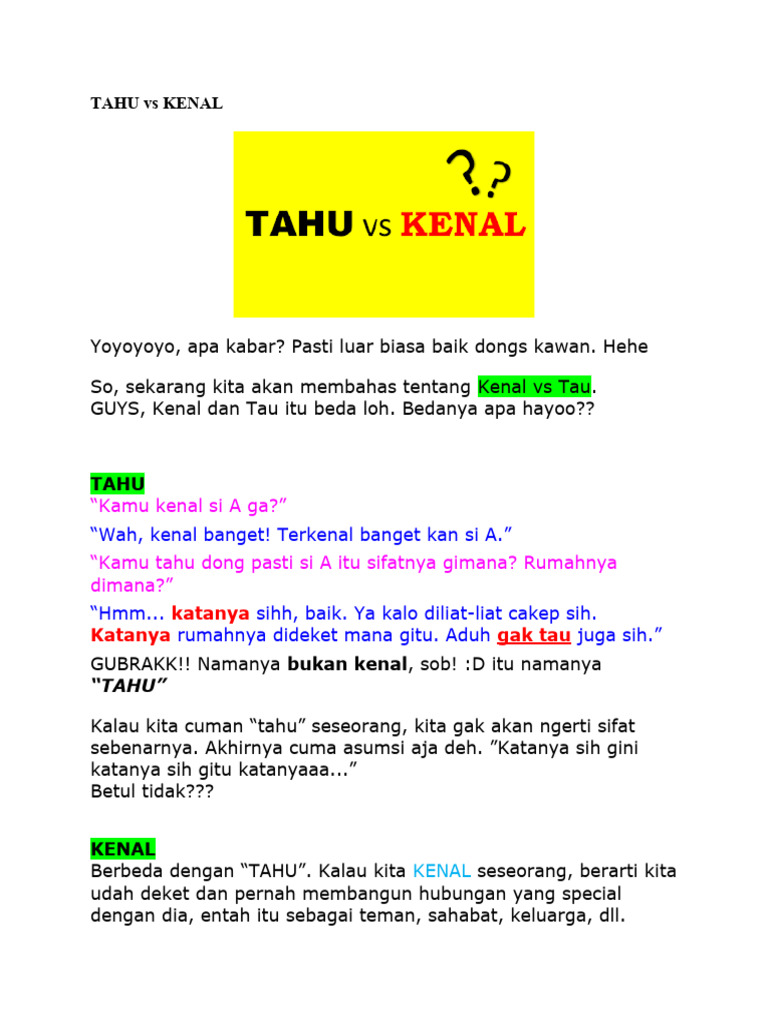 TAHU Vs KENAL | PDF | Pengembangan Diri | Gaya Hidup