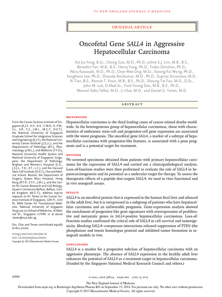 Tenen 2013 NEJM SALL4 Liver | PDF | Carcinoma | Cell Biology
