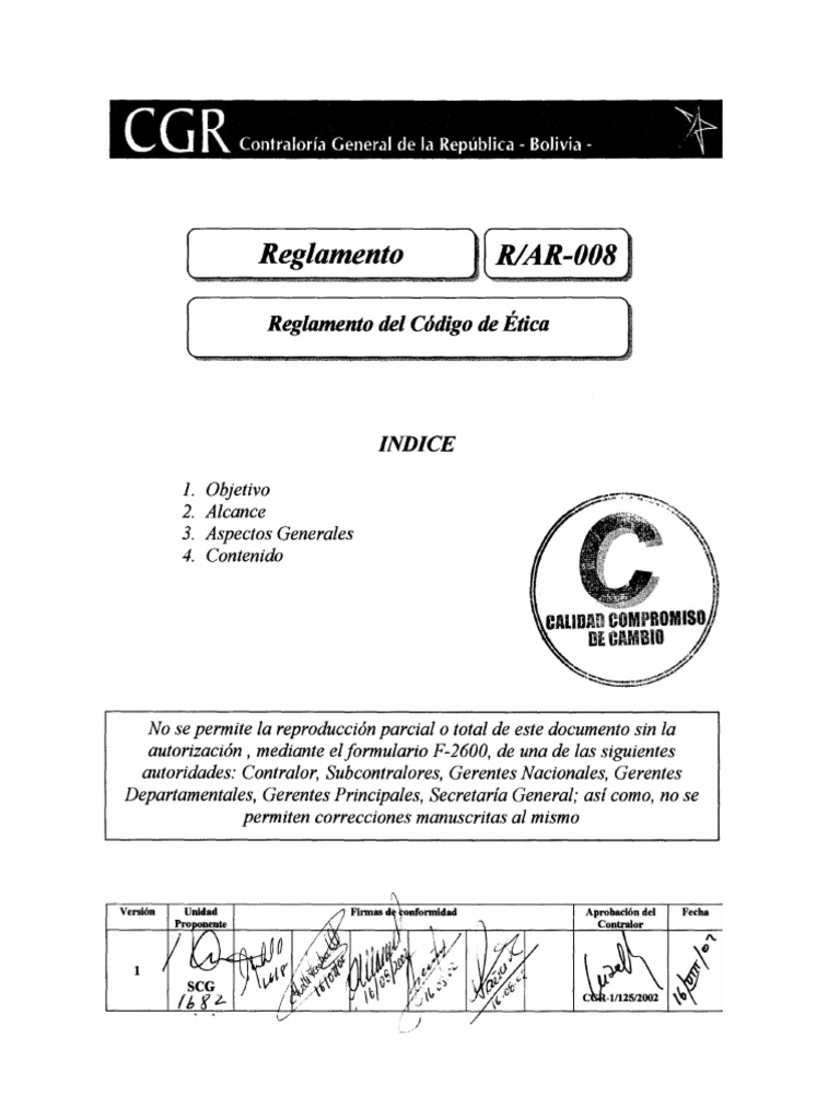 R-008-Ar-1 Reglamento Codigo Etica | PDF | Contralor | Institución