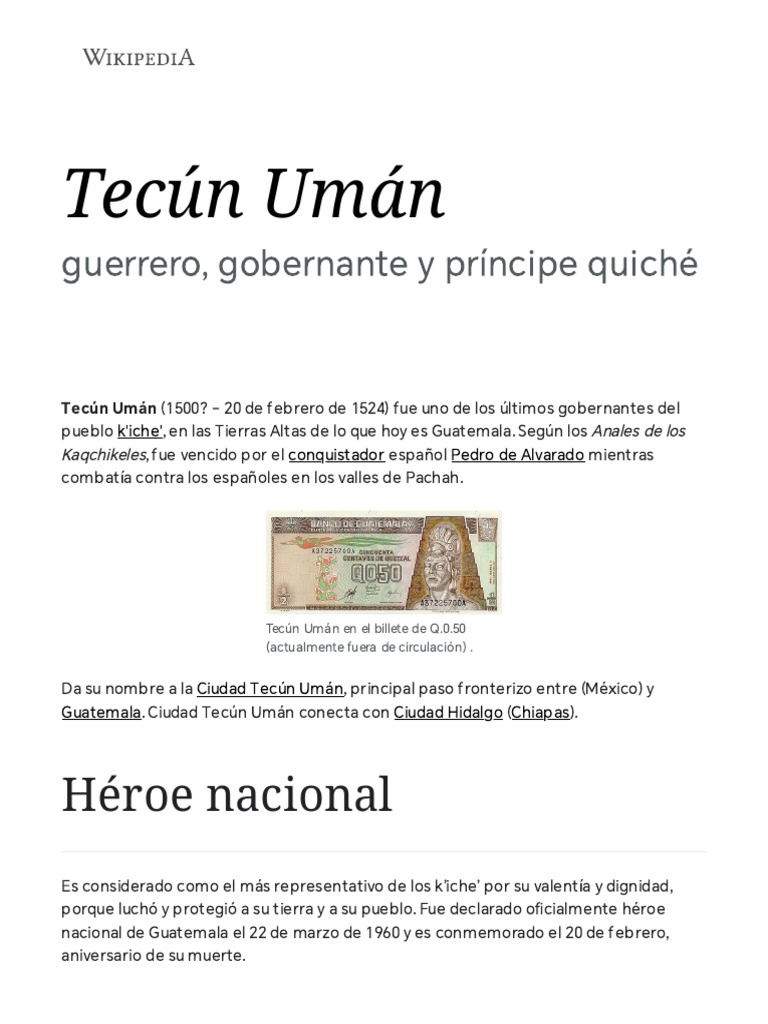 Tecún Umán - Wikipedia, La Enciclopedia Libre | PDF | Pueblos mayas ...
