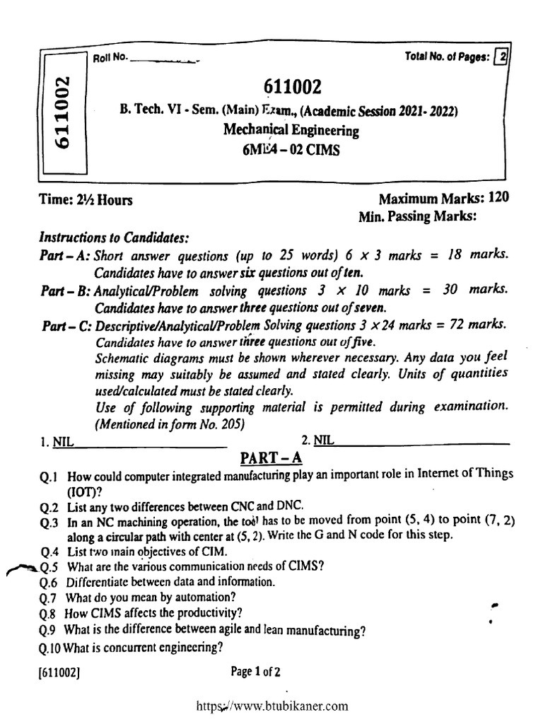 Btech Me 6 Sem Cims 611002 2022 | PDF