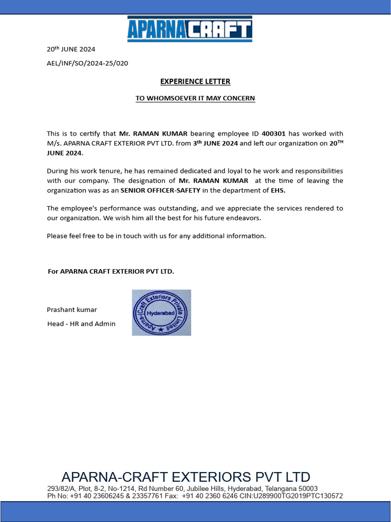 Raman Aparna Experience Letter | PDF