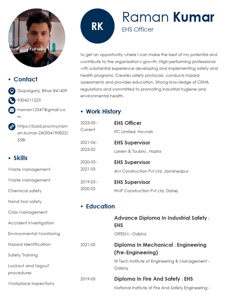 Raman Kumar Resume | PDF | Occupational Safety And Health | Safety
