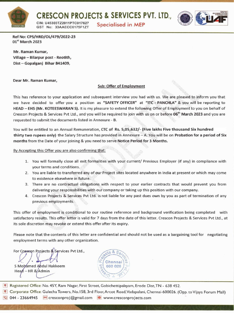 Raman Offer Letter | PDF