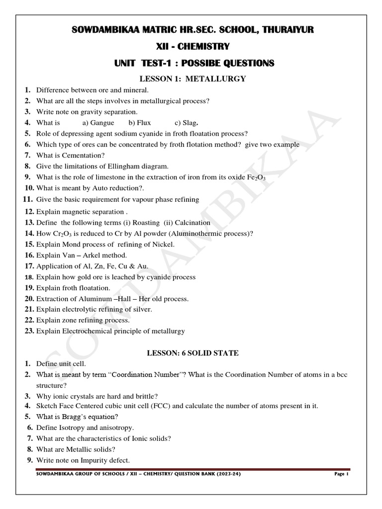 XII - Chemistry Unit Test-1 Possible Questions | PDF | Ore | Iron