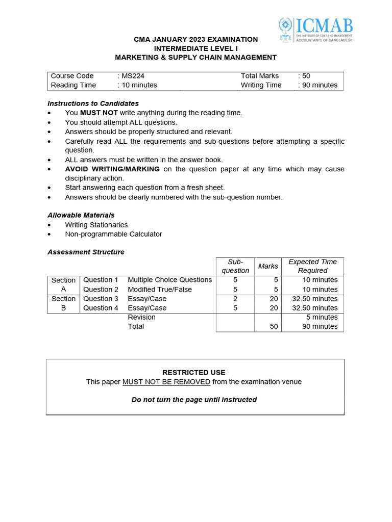 MS 224.SCM (IL-I) Question CMA January-2023 Exam. | PDF | Marketing ...