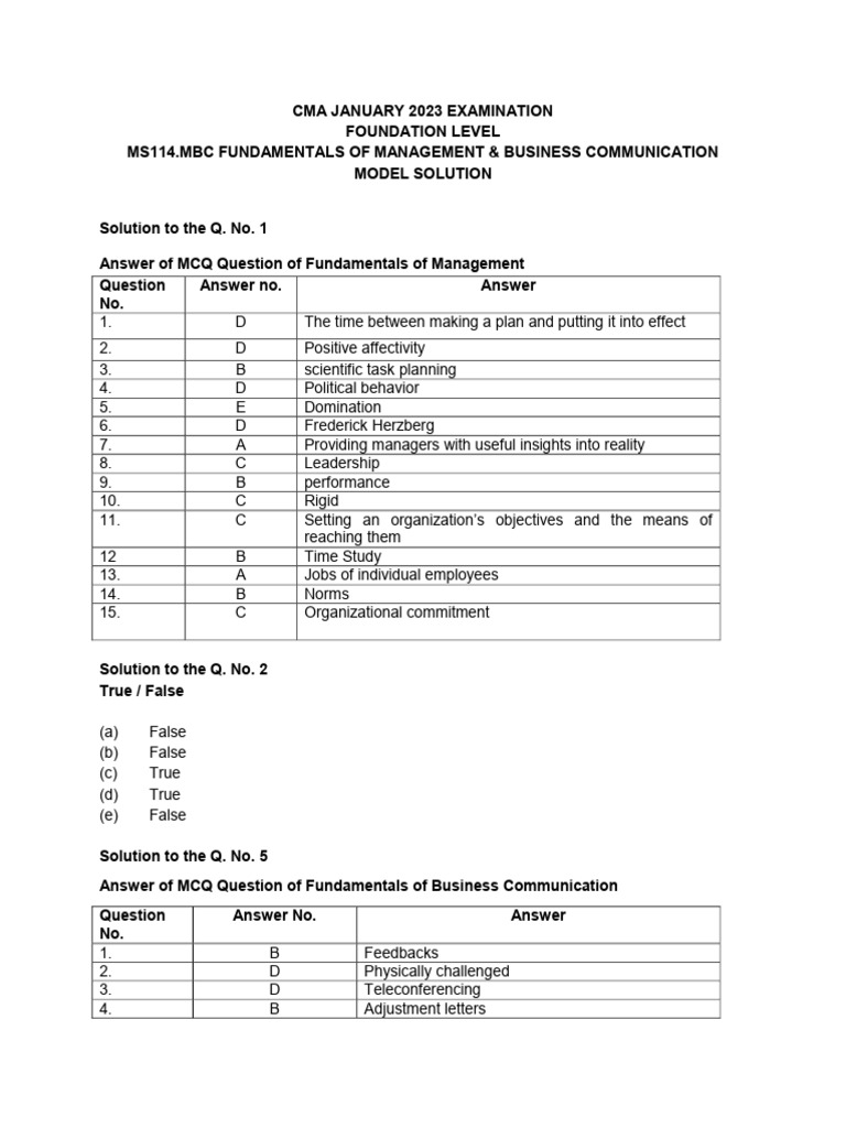 MS114.MBC (F.L) Solution CMA-2023 January Exam | PDF | Communication | Performance Appraisal