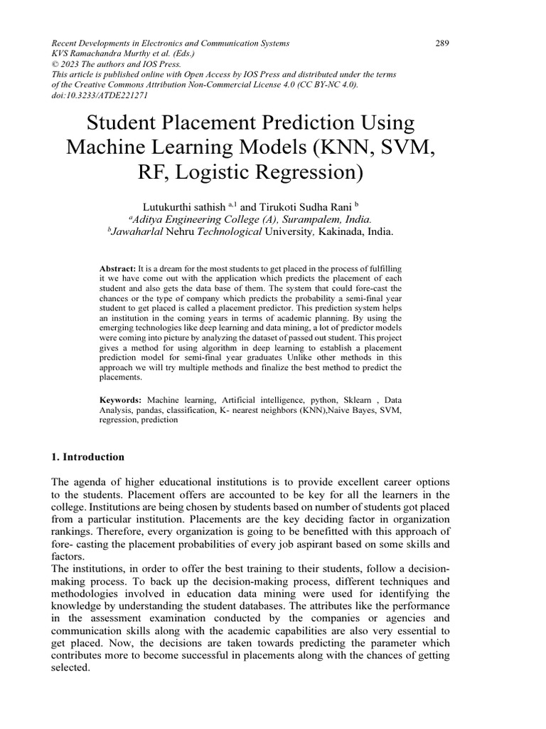 Student Placement Prediction Using Machine Learnin | PDF | Support Vector Machine | Regression ...