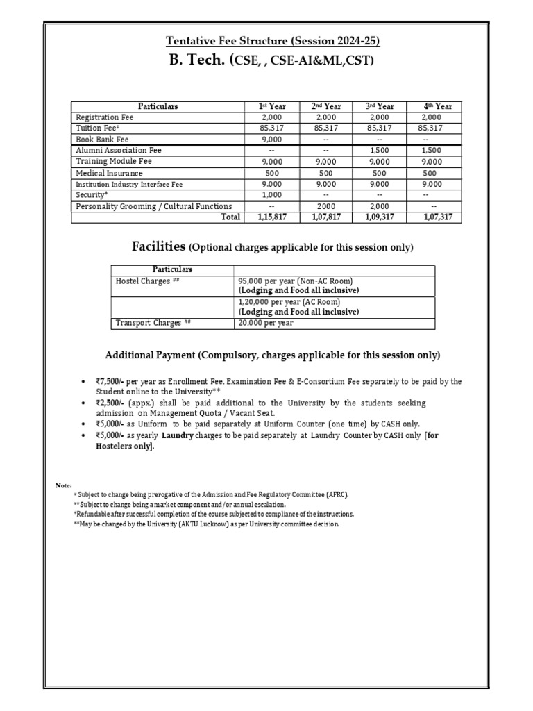 B.Tech Fee Structure 2024-25 at UU | PDF | Fee | Service Industries