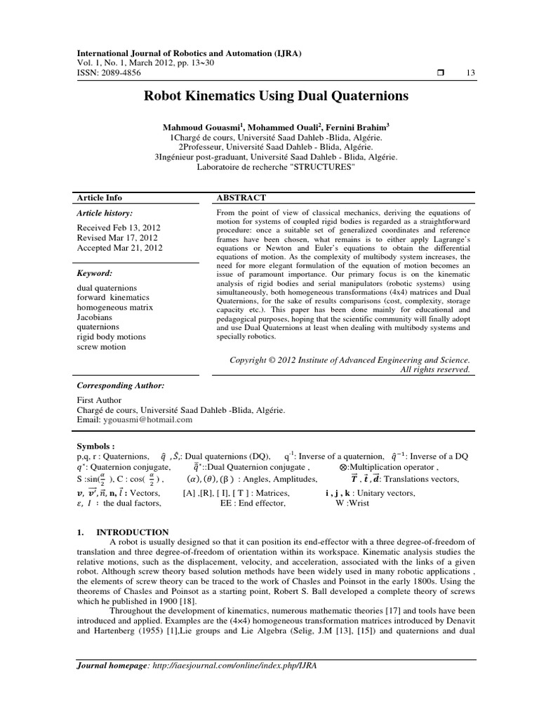 Robot Kinematics Using Dual Quaternions | PDF | Rotation | Kinematics