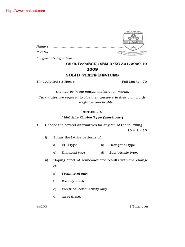 Solid State Devices Exam Questions | PDF | P–N Junction | Mosfet