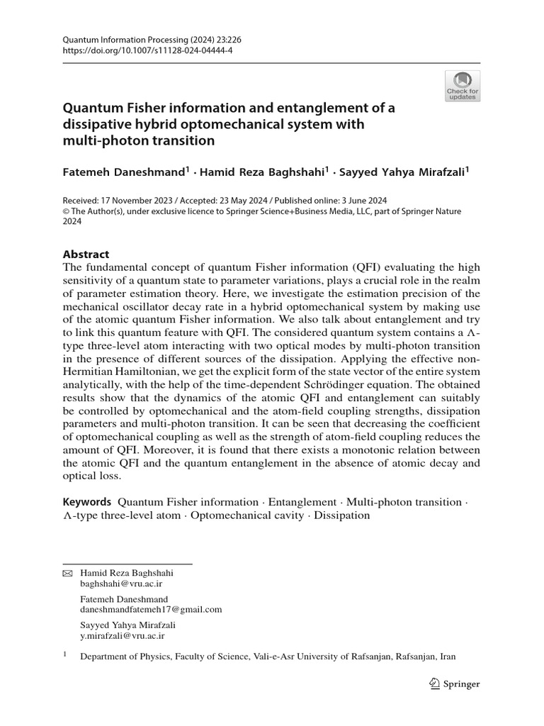 2024 - Quantum Fisher Information and Entanglement of A Dissipative Hybrid Optomechanical System ...