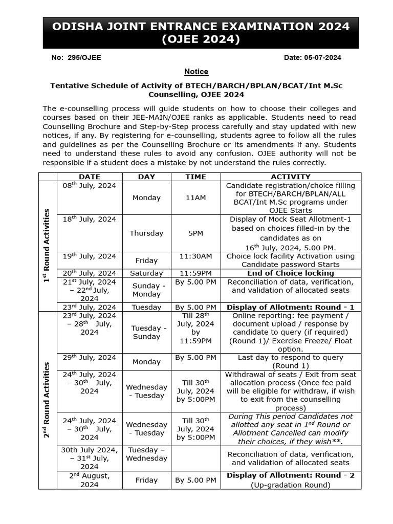 Odisha Joint Entrance Examination 2024 (OJEE 2024) | PDF