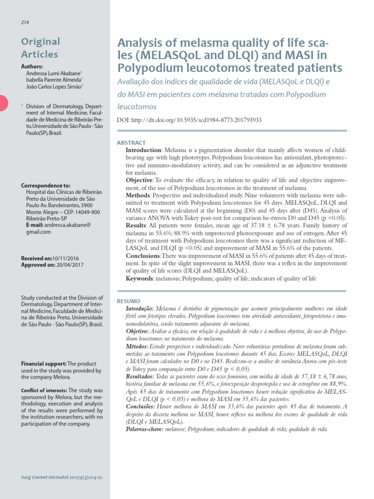 Analysis of Melasma Quality of Life Scales (MELASQoL and DLQI) and MASI ...