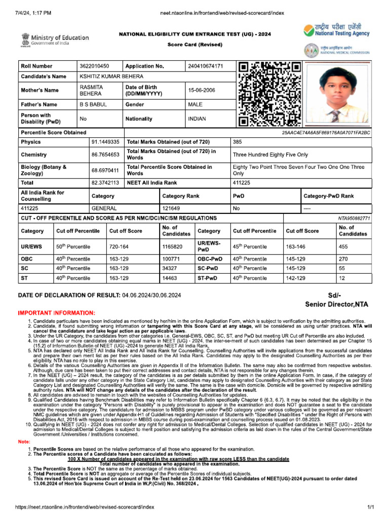 Neet Score Card | PDF