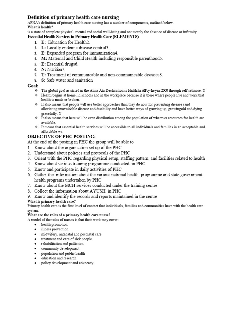 Definition of Primary Health Care Nursing | PDF | Malnutrition | Health ...