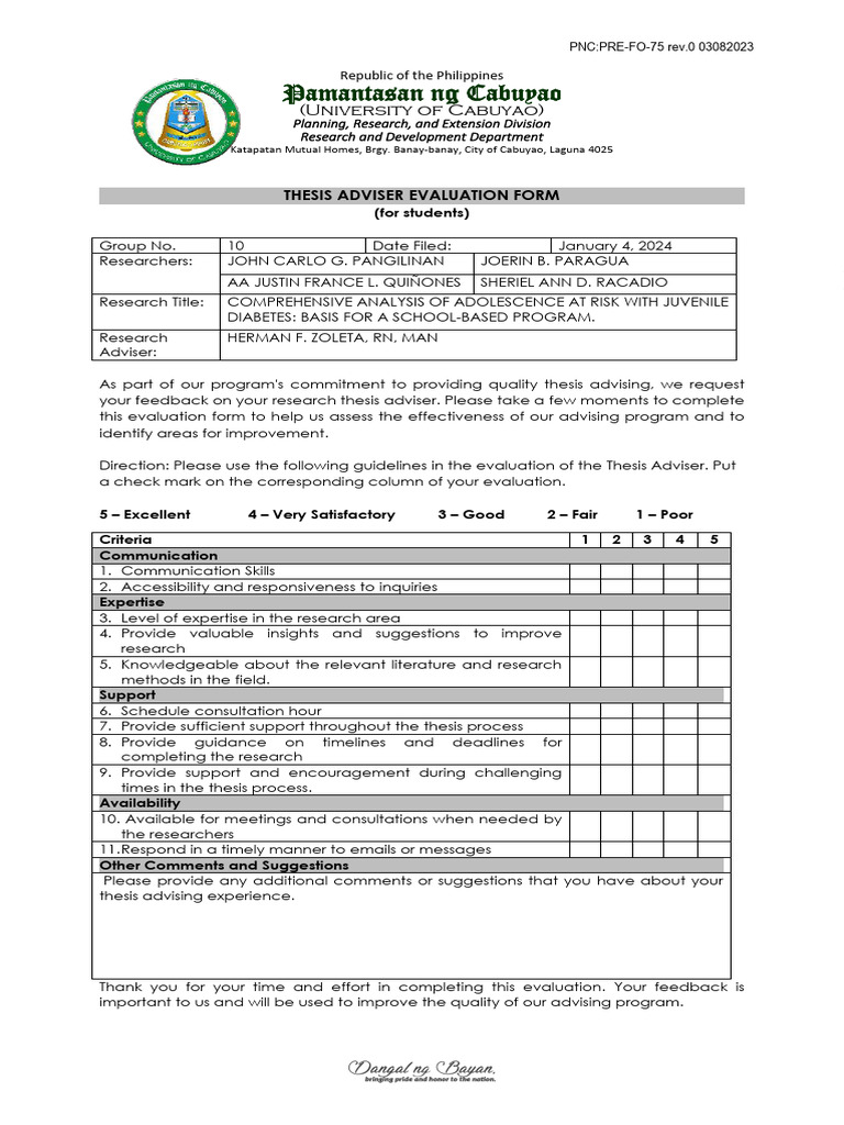 PNC PRE FO 75 Thesis Adviser Evaluation Form For Students ...