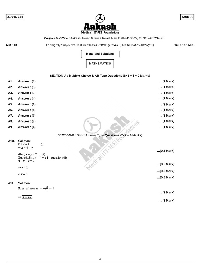 FST-2A (CBSE - G-1) Maths (C-10) (21-06-2024) - SOL | PDF | Rational Number | Numbers