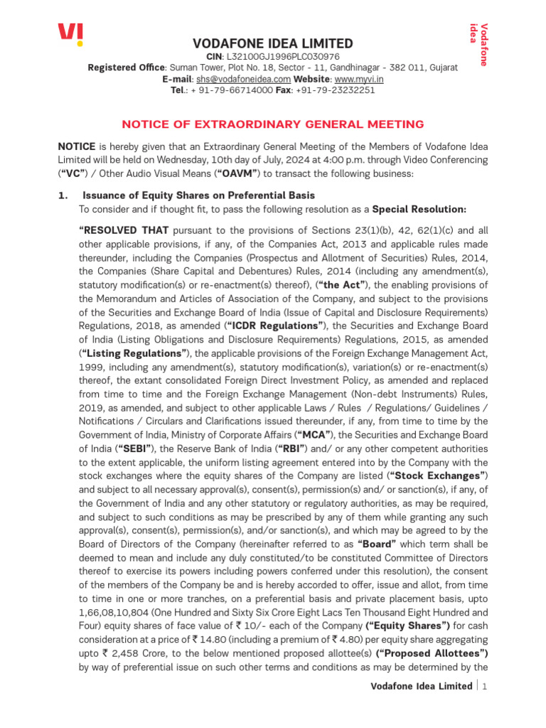 VIL EGM Notice-10 July 2024 | PDF | Password | Login