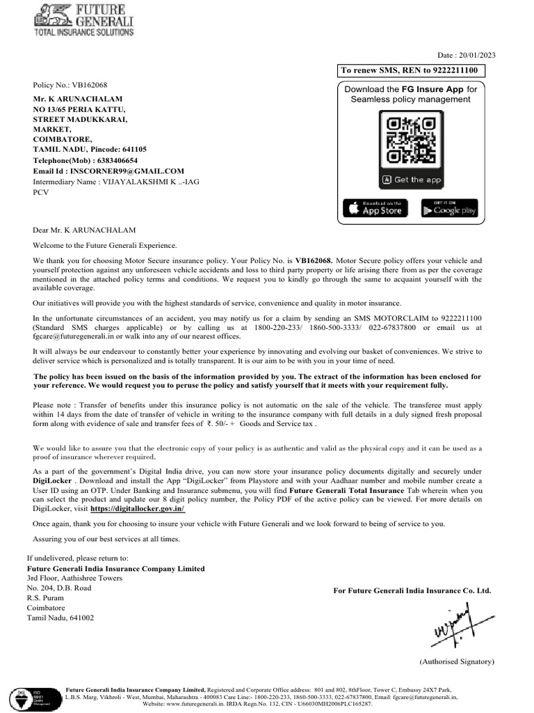 Future Generali Motor Secure Policy Details | PDF | Insurance | Indemnity