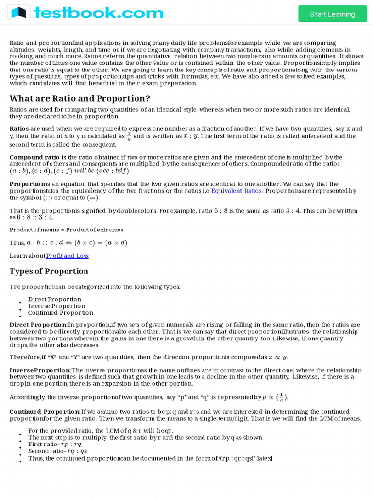 Ratio and Proportion - Definition, Formulas & Examples | PDF