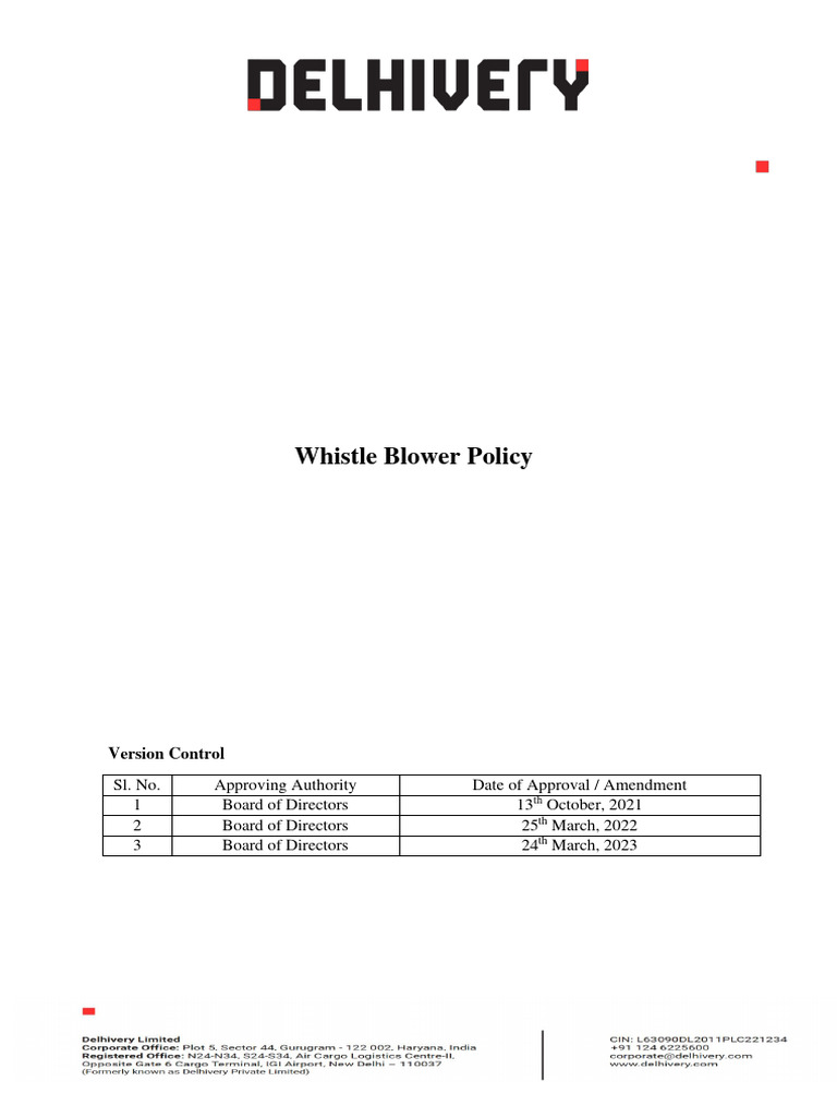 Delhivery - Whistle Blower Policy | PDF | Justice | Crime & Violence