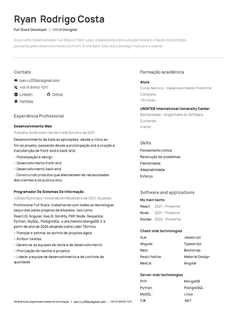 Ryan_Rodrigo_Costa_Currículo--Português | Download grátis PDF | Informática | Engenharia de Software