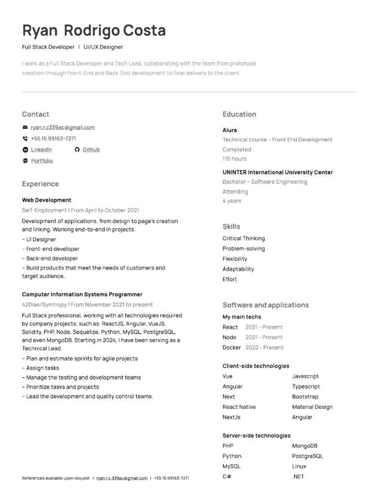 Ryan Rodrigo Costa Curriculum Vitae - English | PDF | Computing | Systems Engineering