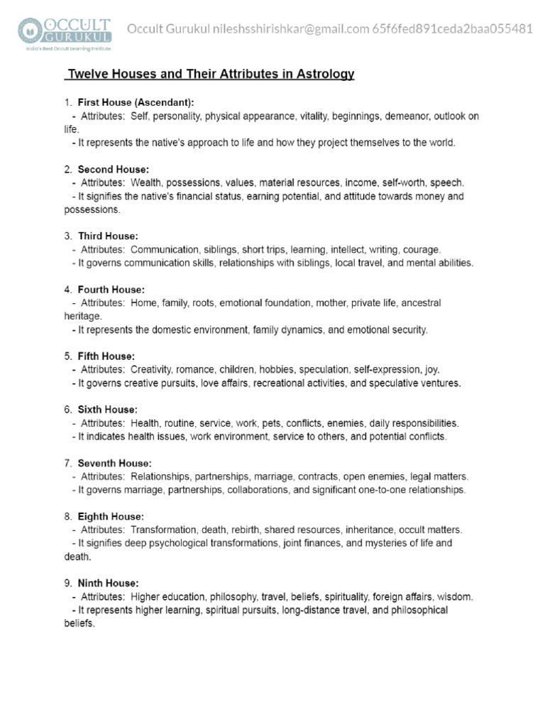 Twelve Houses and Their Attributes | PDF