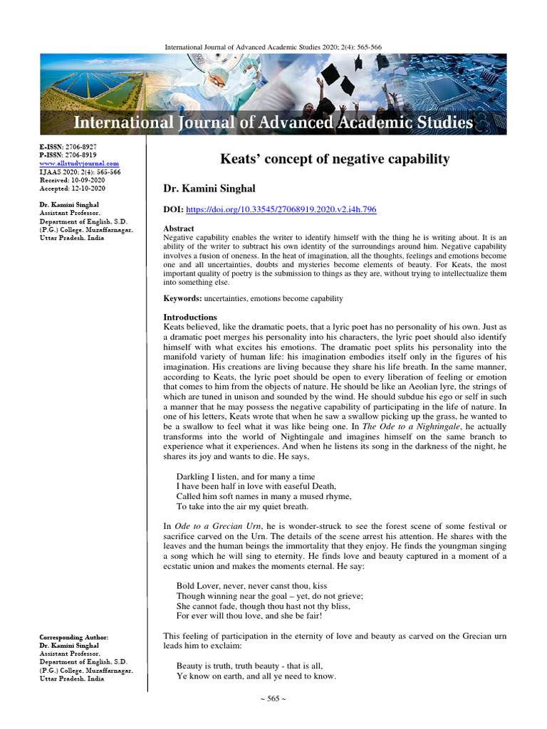 Negative Capability of John Keats | Download Free PDF | Poetry