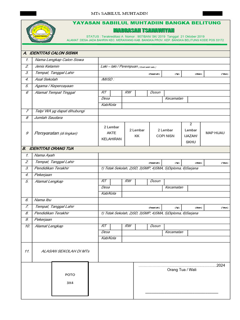 Format Formulir Pendaftaran Siswa Baru | PDF Format Formulir Pendaftaran Siswa Baru | PDF