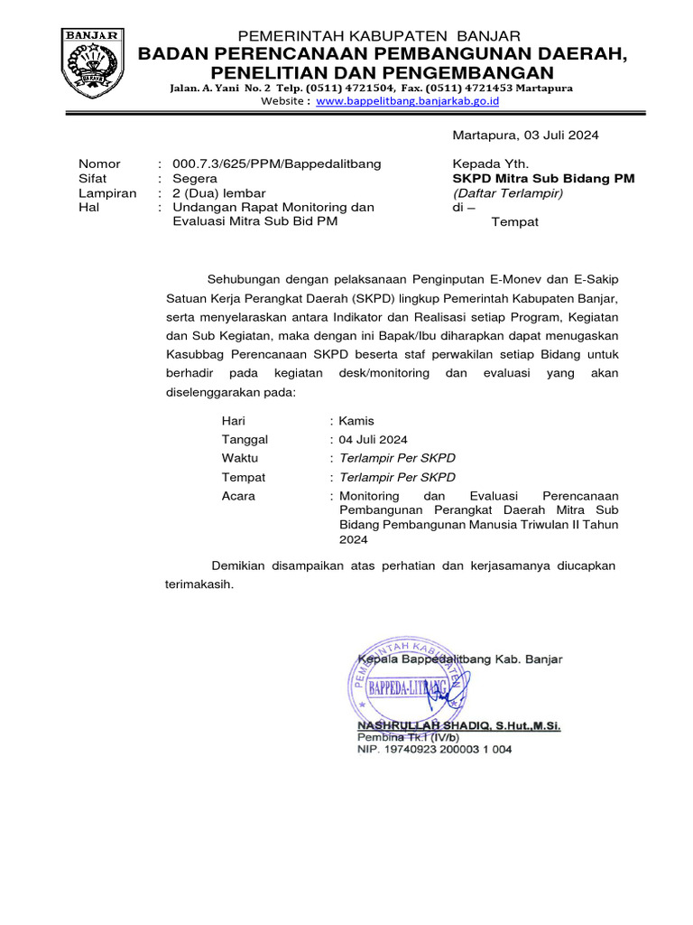 Manual Kop Bappeda-Undangan Monev SKPD TW - II 4 Juli 2024 Kirim | PDF