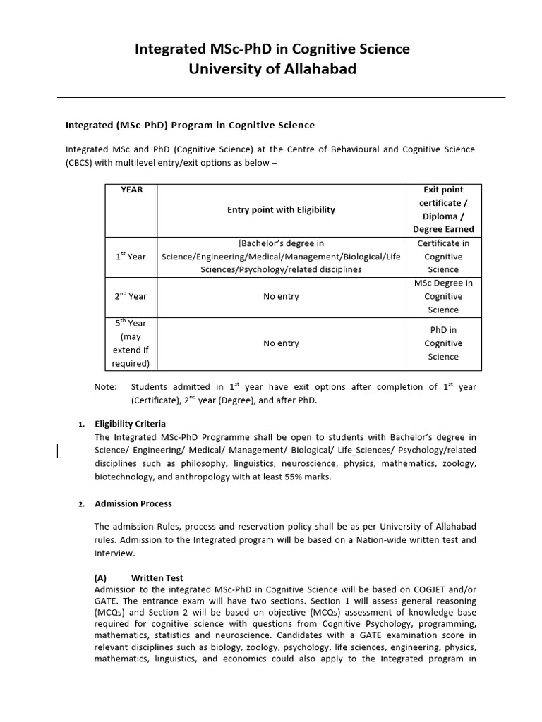 Integrated MSC PHD Cognitive Science | PDF | Doctor Of Philosophy | Thesis
