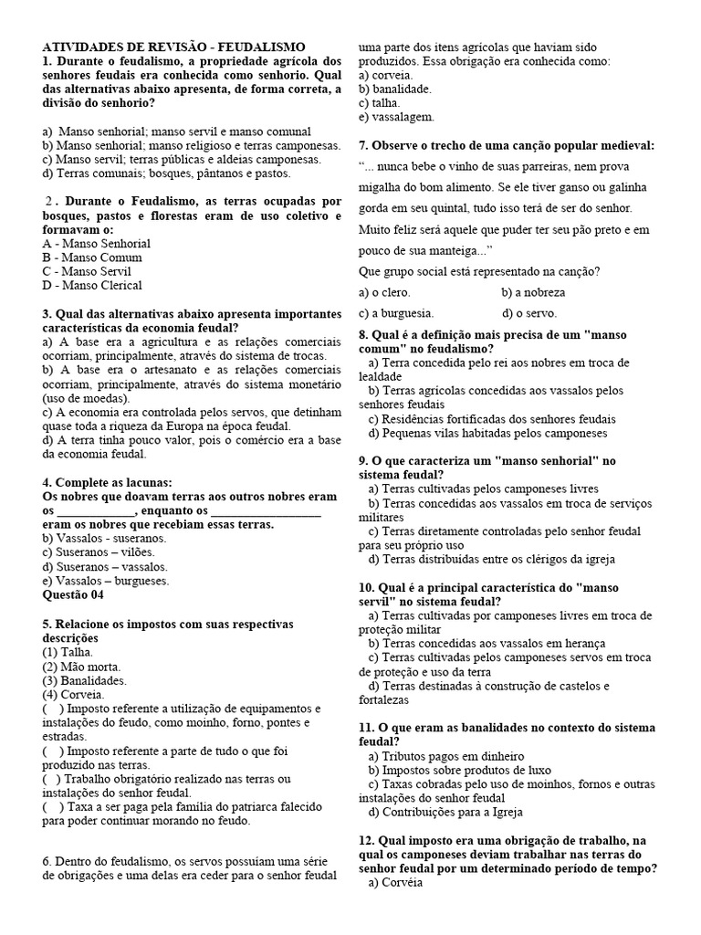 atividades revisão feudalismo | PDF | Feudalismo | Servidão