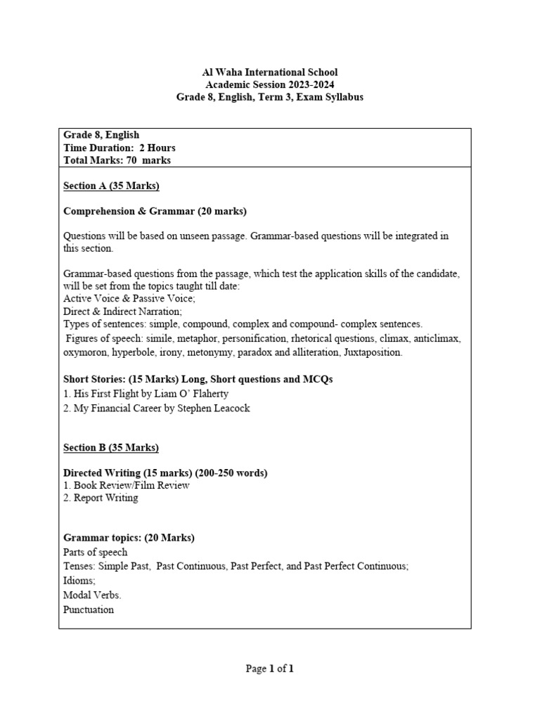 Gr8 English Exam Syllabus Term 3 Session 2023-2024 | PDF | Foreign ...