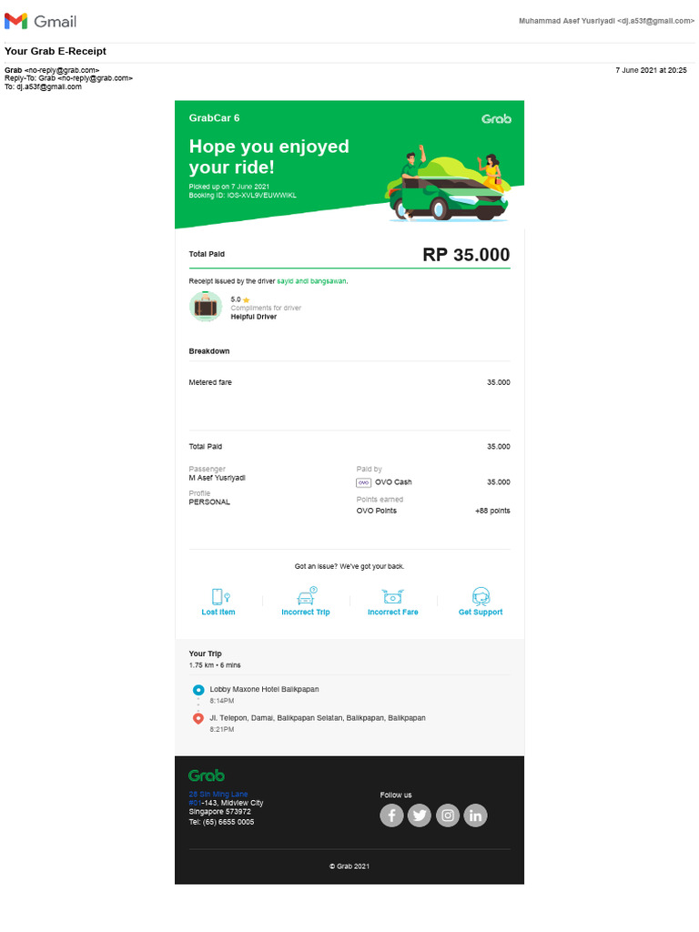GrabCar E-Receipt for Your Trip | PDF | E Commerce | Public Transport